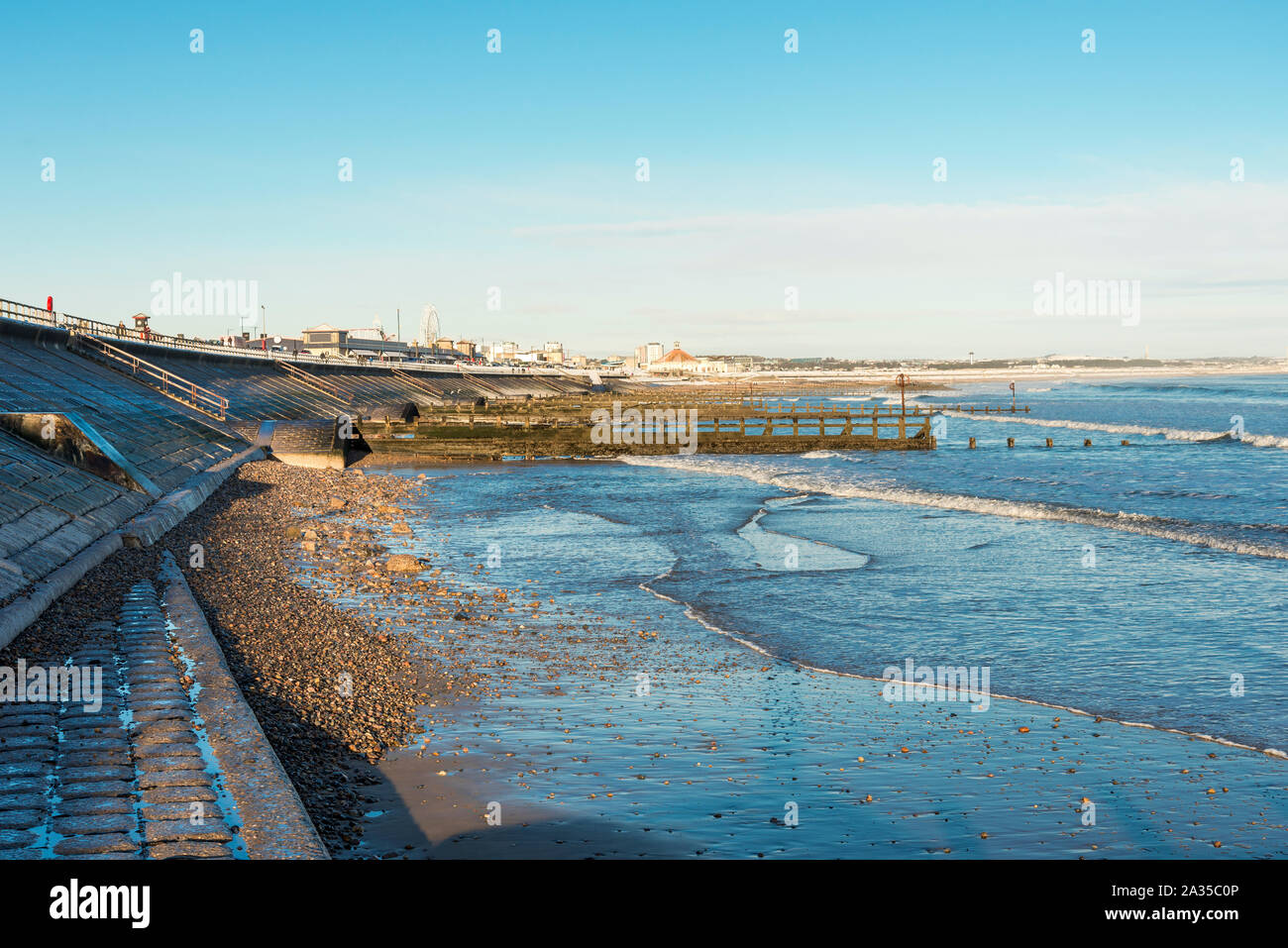 North sea beach view with breakwater structures, Aberdeen, Scotland ...