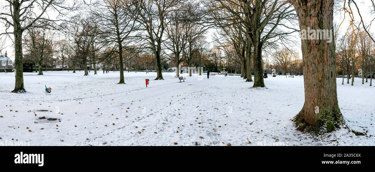 Panoramic view of Victoria park covered by snow, Aberdeen, Scotland ...