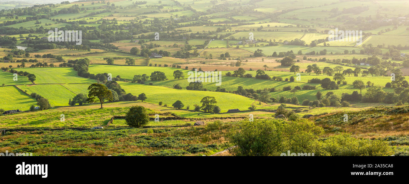 British countryside fields view from the Roaches in Peak District ...