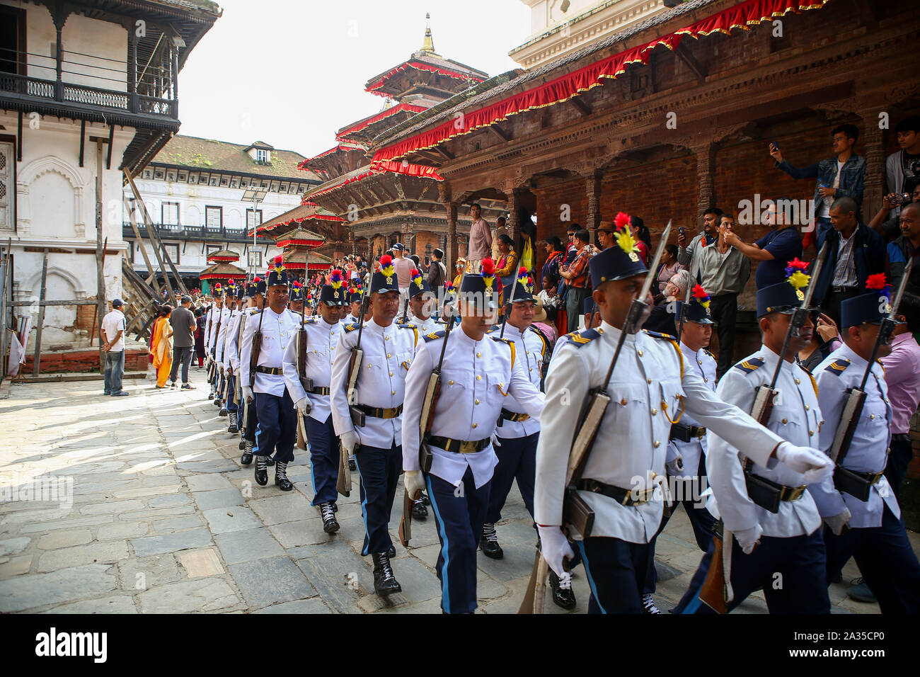 Kathmandu, Nepal. 05th Oct, 2019. Nepali soldiers march as attend the ...