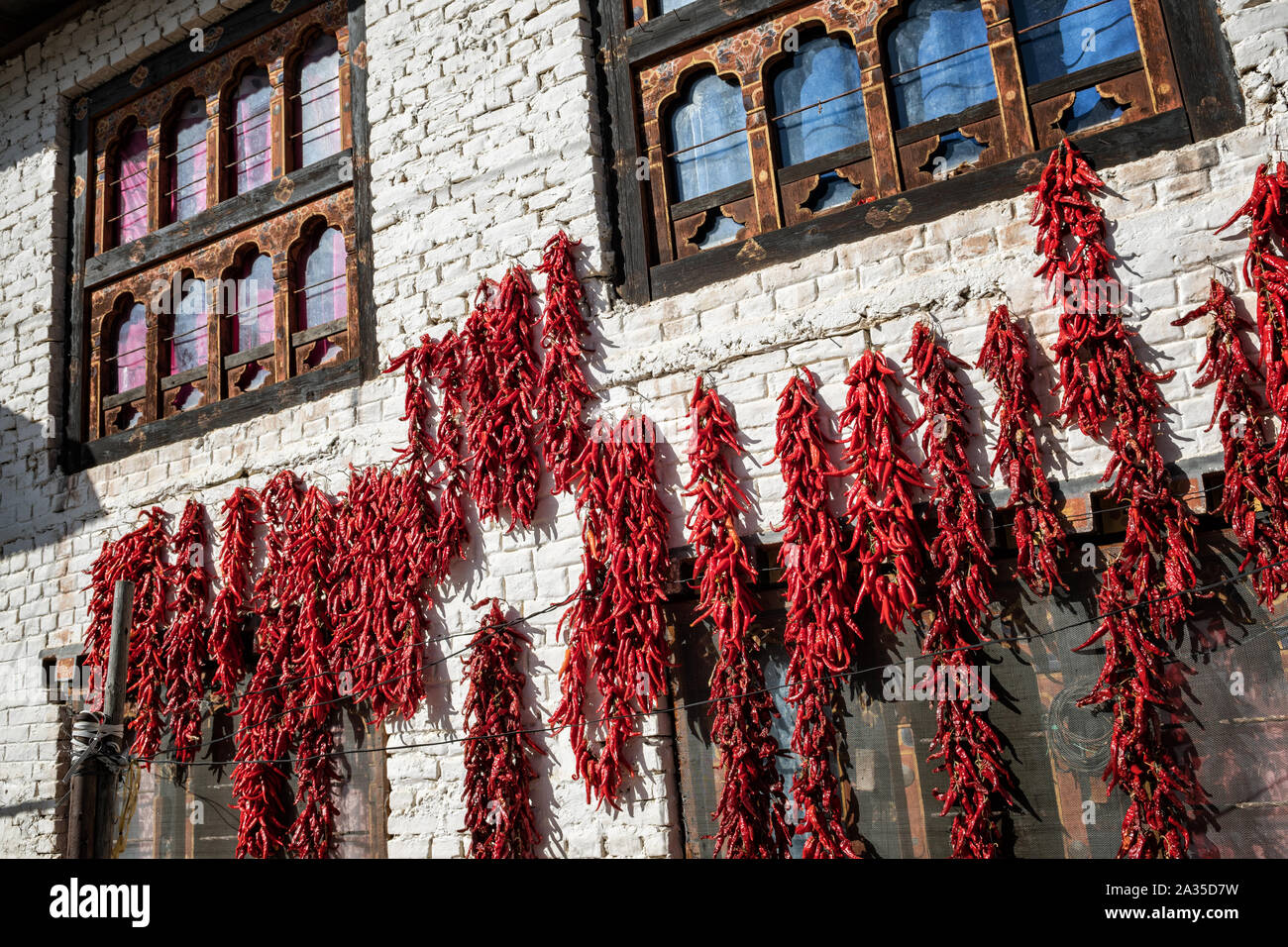 Red hot chilli peppers drying in the sun in Paro, Bhutan Stock Photo ...