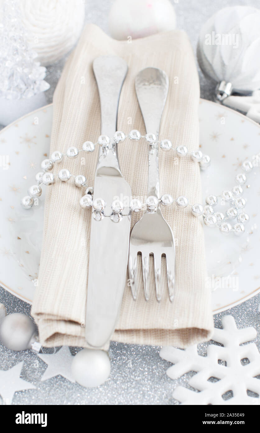 Silver Christmas Table Setting with christmas decorations Stock Photo ...