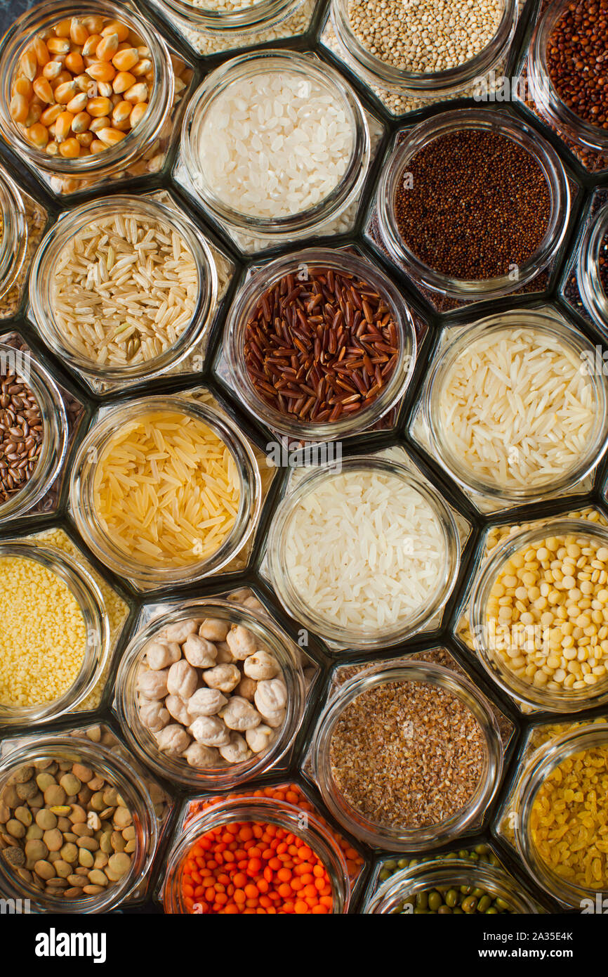Food pattern background - beans and cereals in jars Stock Photo - Alamy