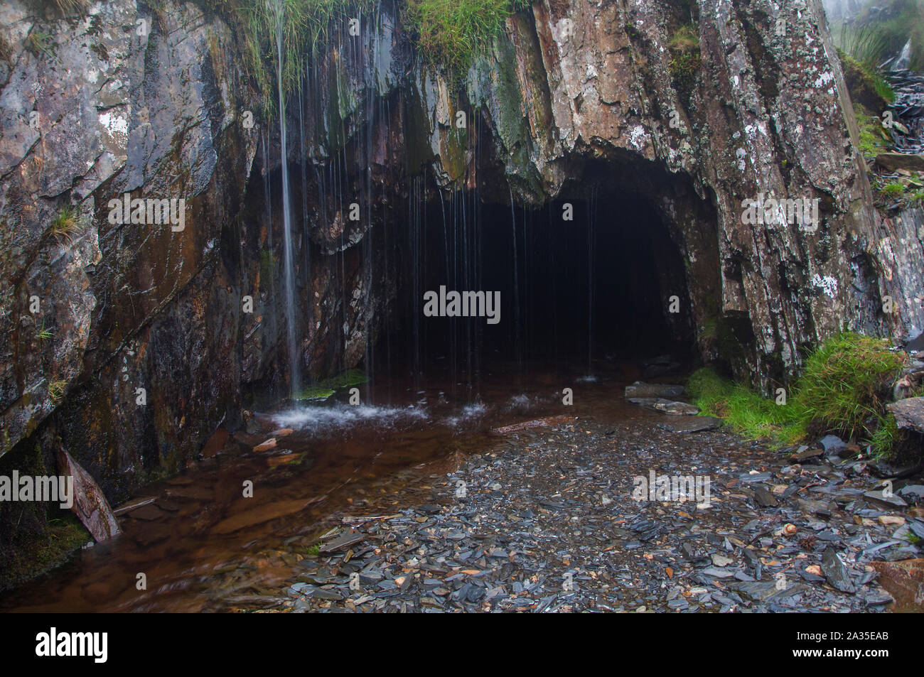 Flooded entrance to mine, Rhosydd slate quarries, Blaenau Ffestiniog, N ...