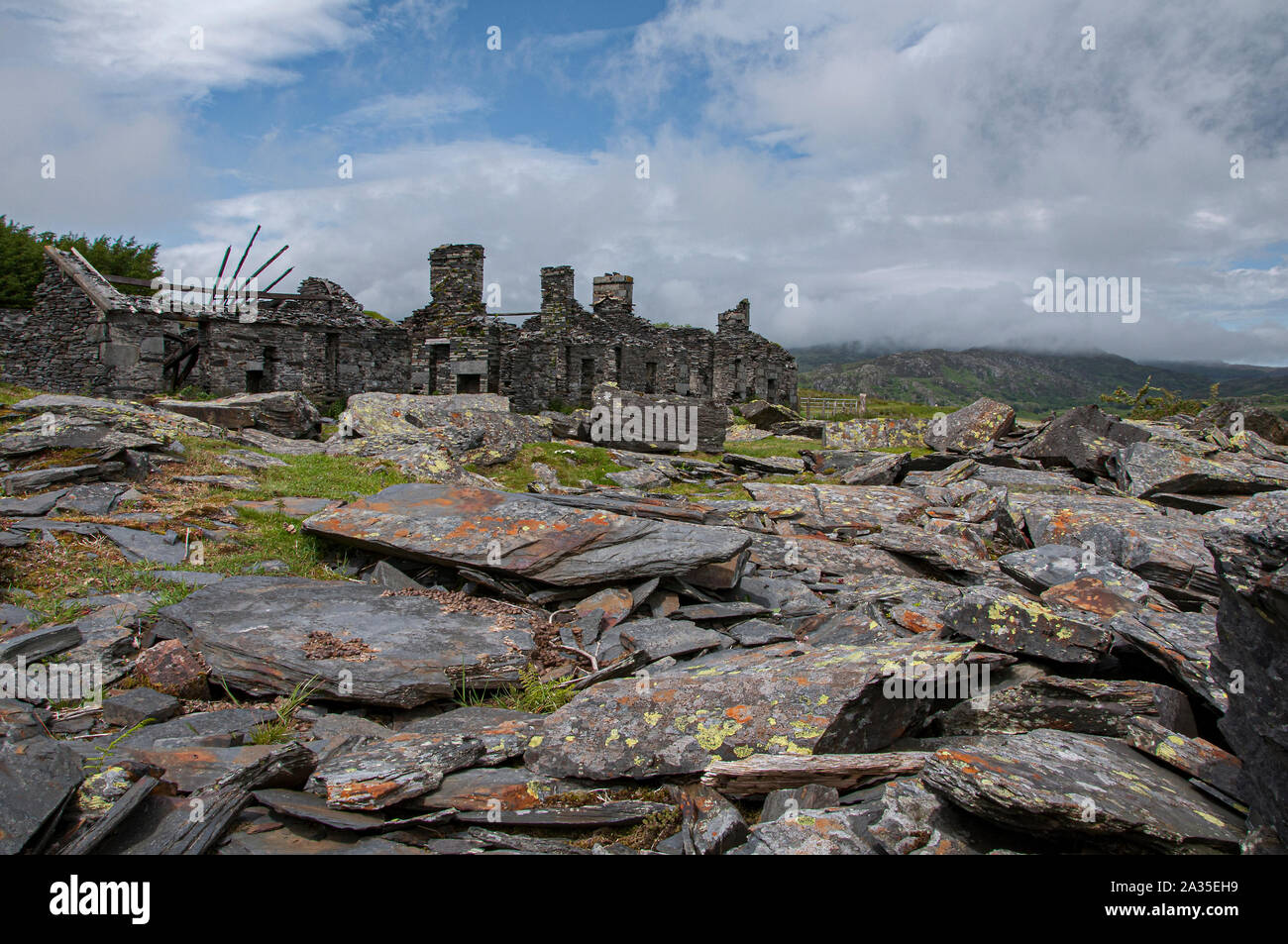 Old quarry buildings on side of Moel Siabod, Capel Curig, N Wales Stock ...