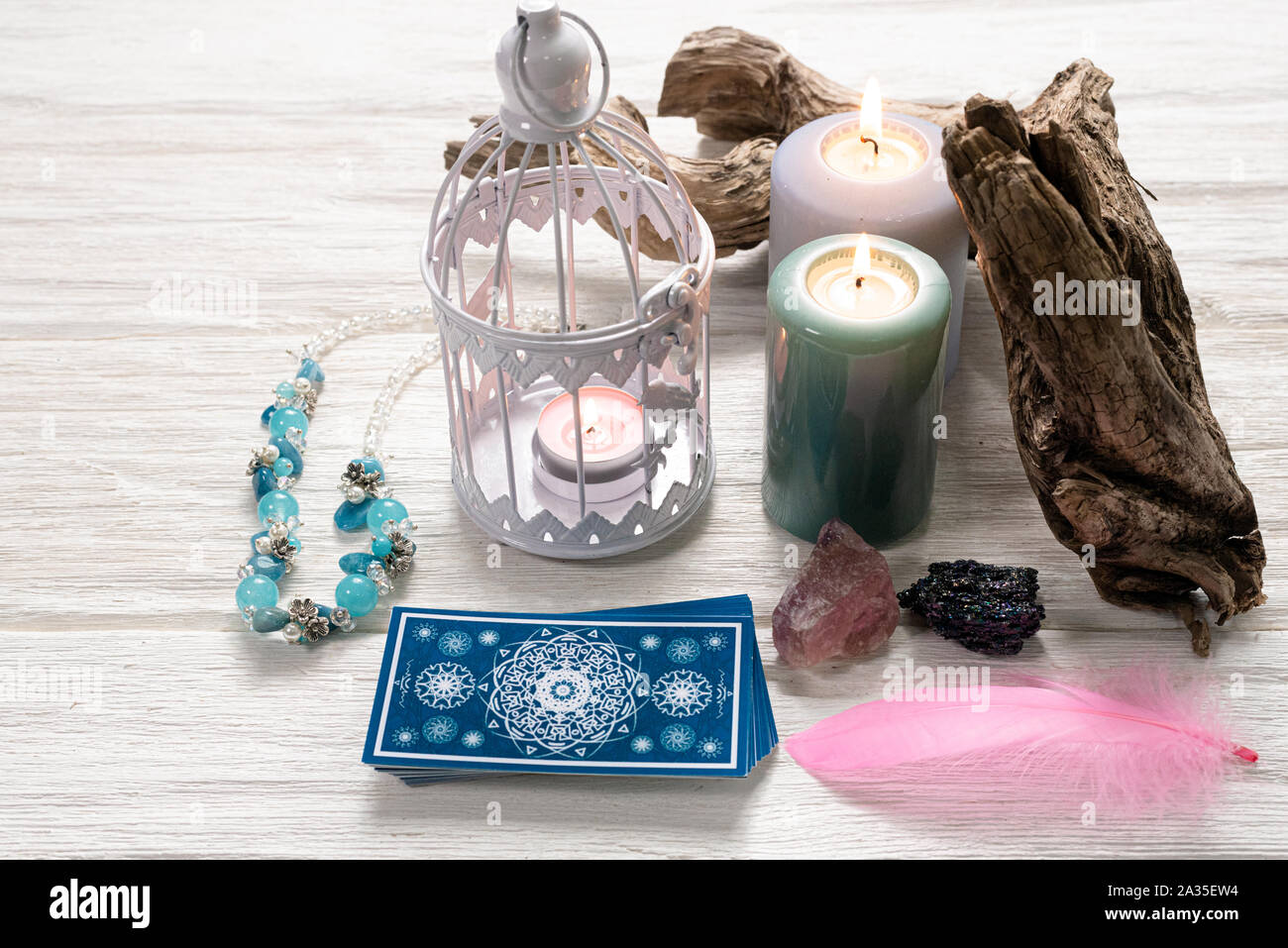 Blue tarot cards on white wooden table background Stock Photo - Alamy