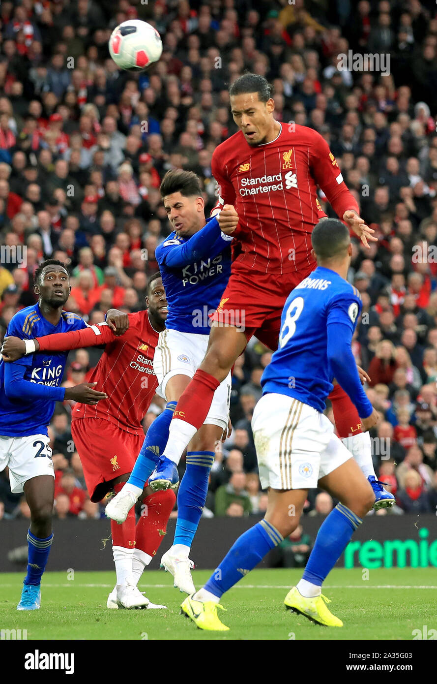 Liverpool's Virgil van Dijk headers the ball during the Premier League ...
