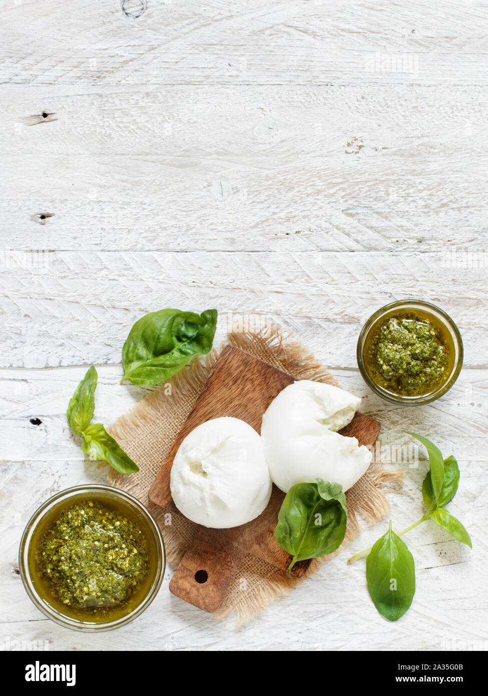 Italian mozzarella cheese stuffed with ricotta and persto close up ...