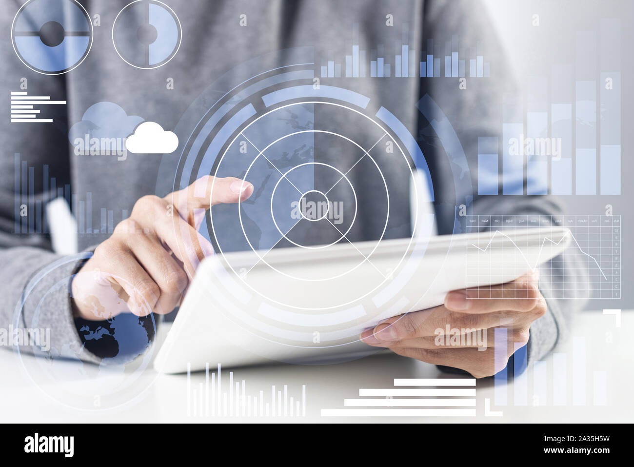 Businessman hand touching virtual screen flying above digital tablet ...