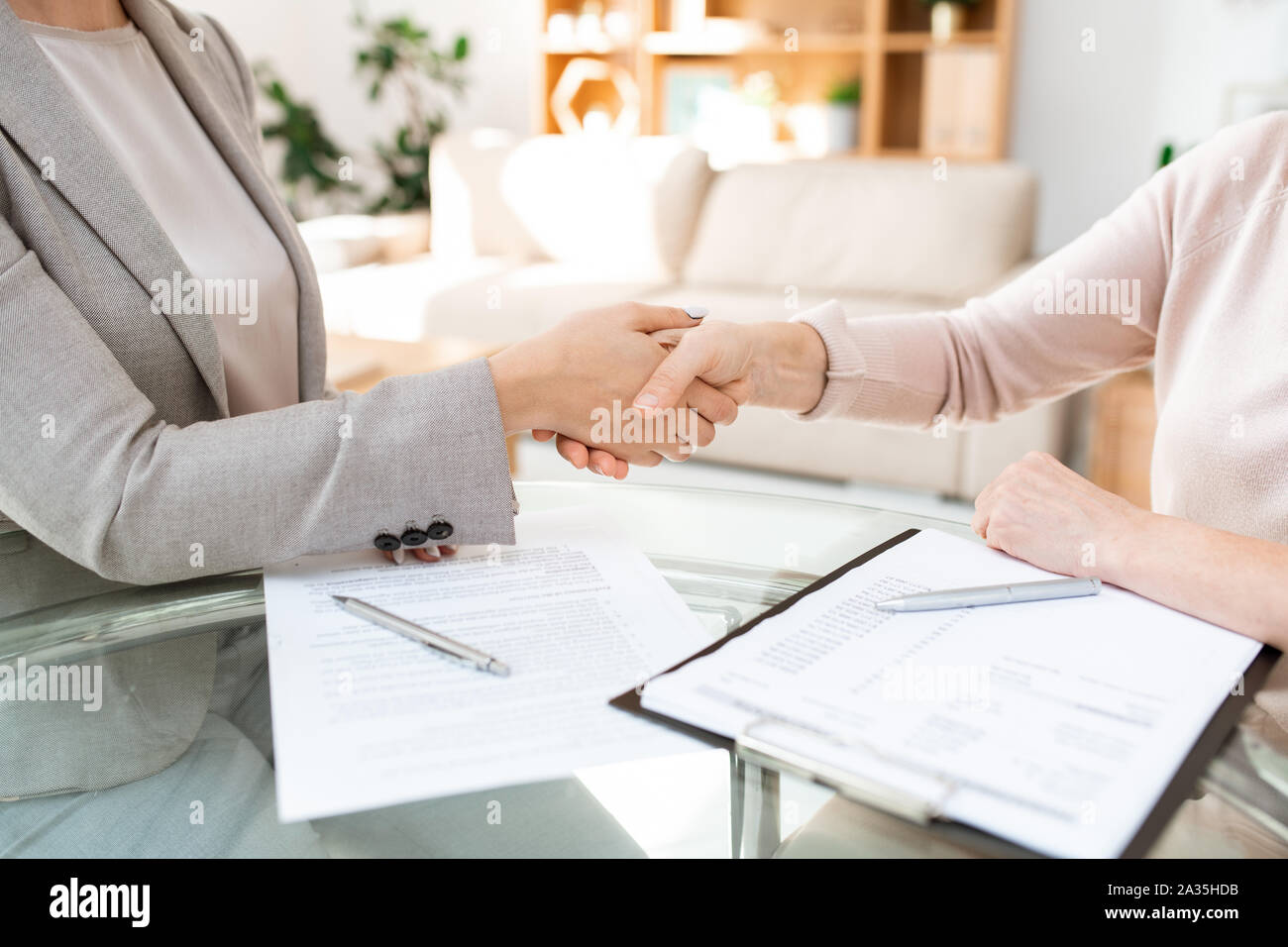 Handshake over table of young and mature females after negotiating ...