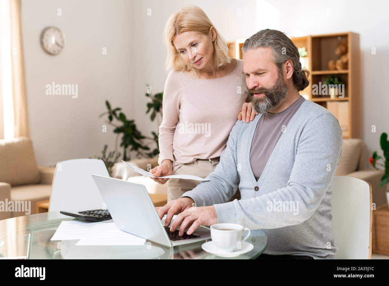 Happy mature couple looking at laptop display while one of them ...