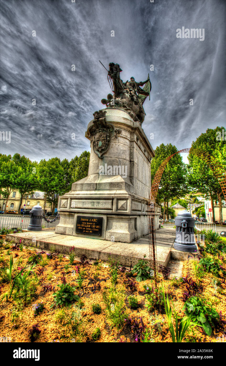 Chinon, France. Artistic view of the bronze equestrian statue of Joan ...