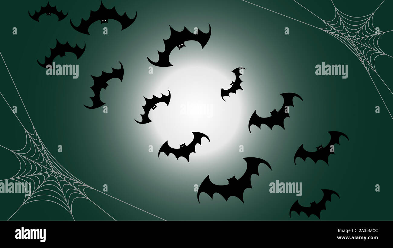 Halloween background with flying black bat silhouettes and spider web ...