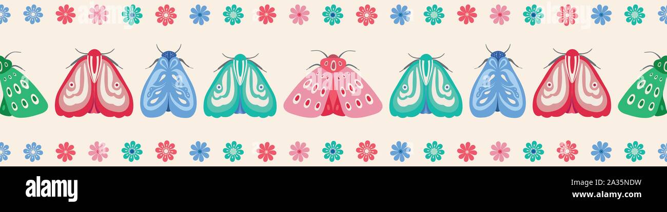 Vector seamless border pattern of moths and flowers. A colourful insect ... Vector seamless border pattern of moths and flowers. A colourful insect ...