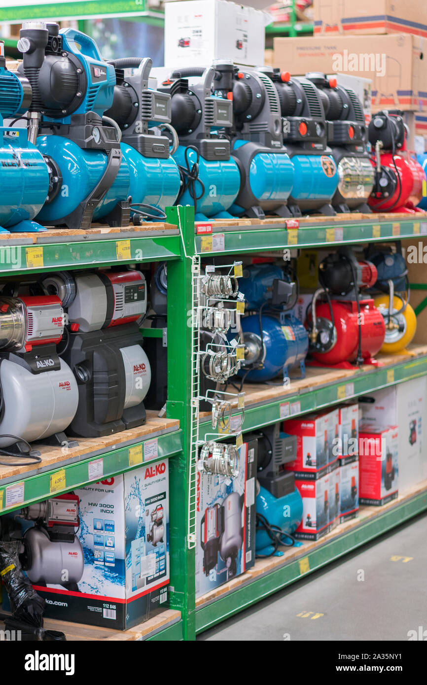 Kiev, Ukraine. July 19 2019 Shop pumping equipment, pumps on the ...
