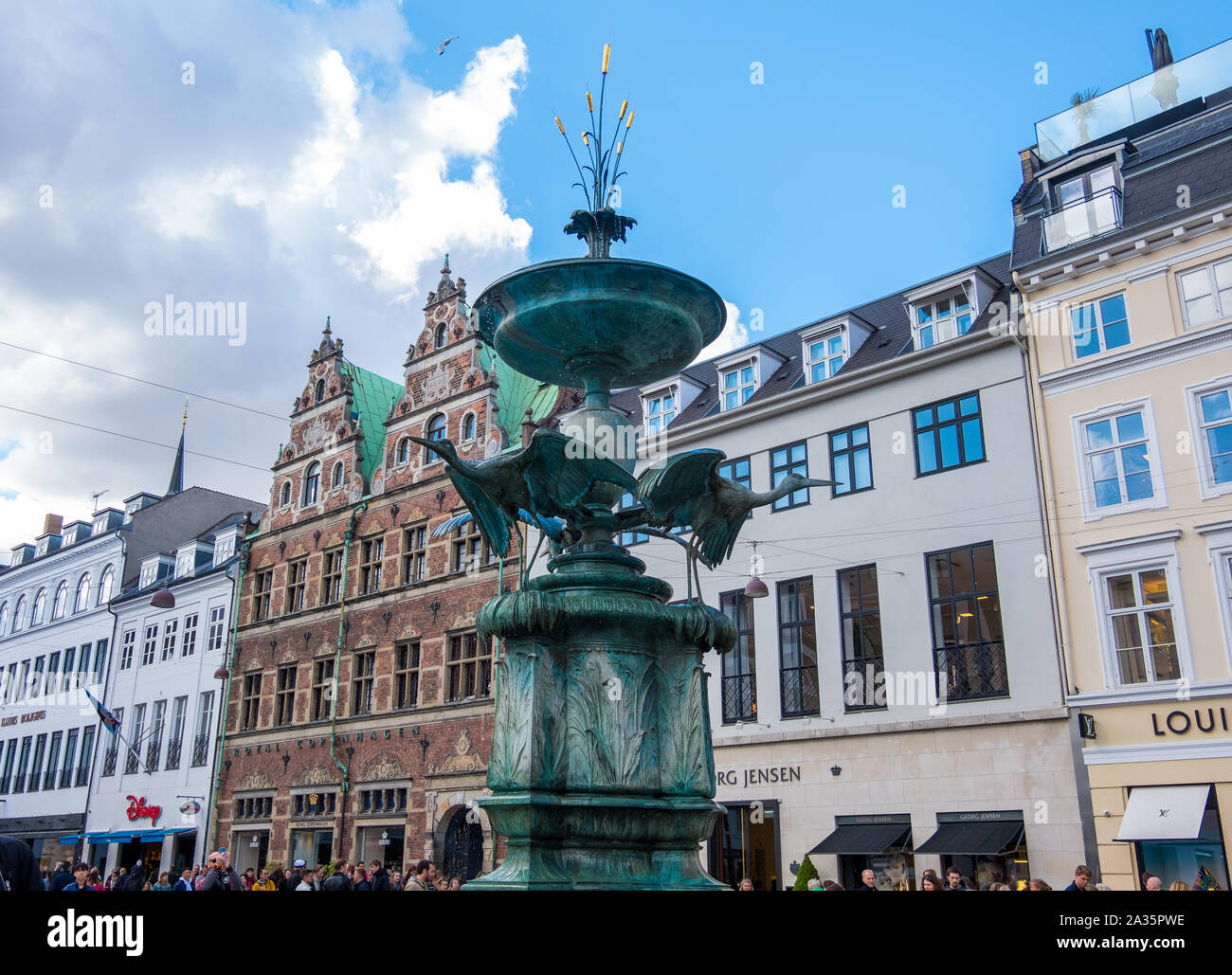 Copenhagen, Denmark - May 04, 2019: Amagertorv square. Stork Fountain ...
