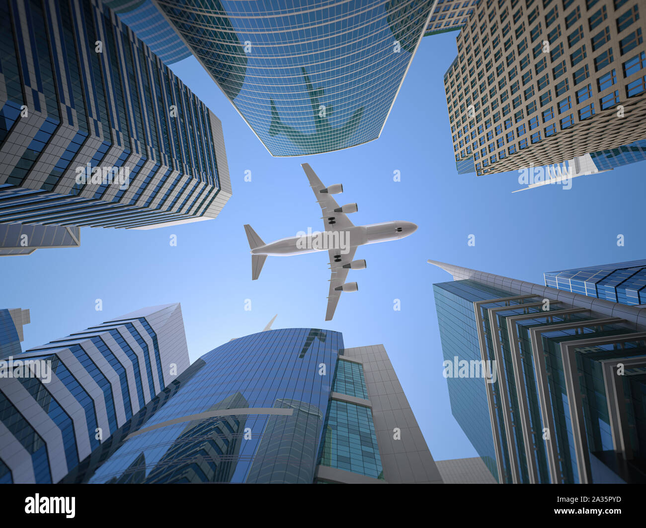 Airplane flying over skyscrapers n city downtown district. Business ...