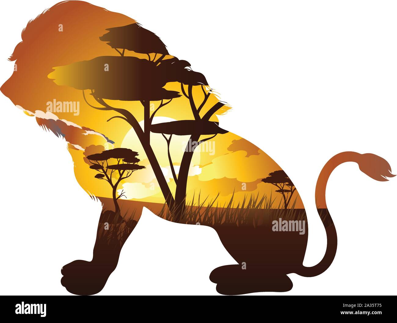 Colorful sunset scene, african landscape with silhouette of trees and ...