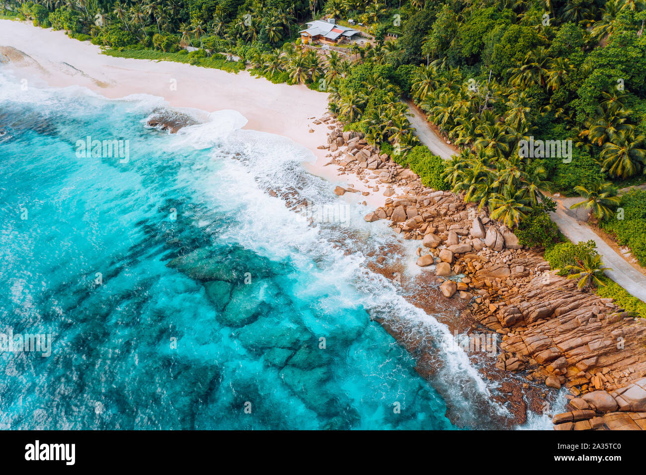 Aerial view of tropical dreamy beach Anse Bazarca, Mahe island ...