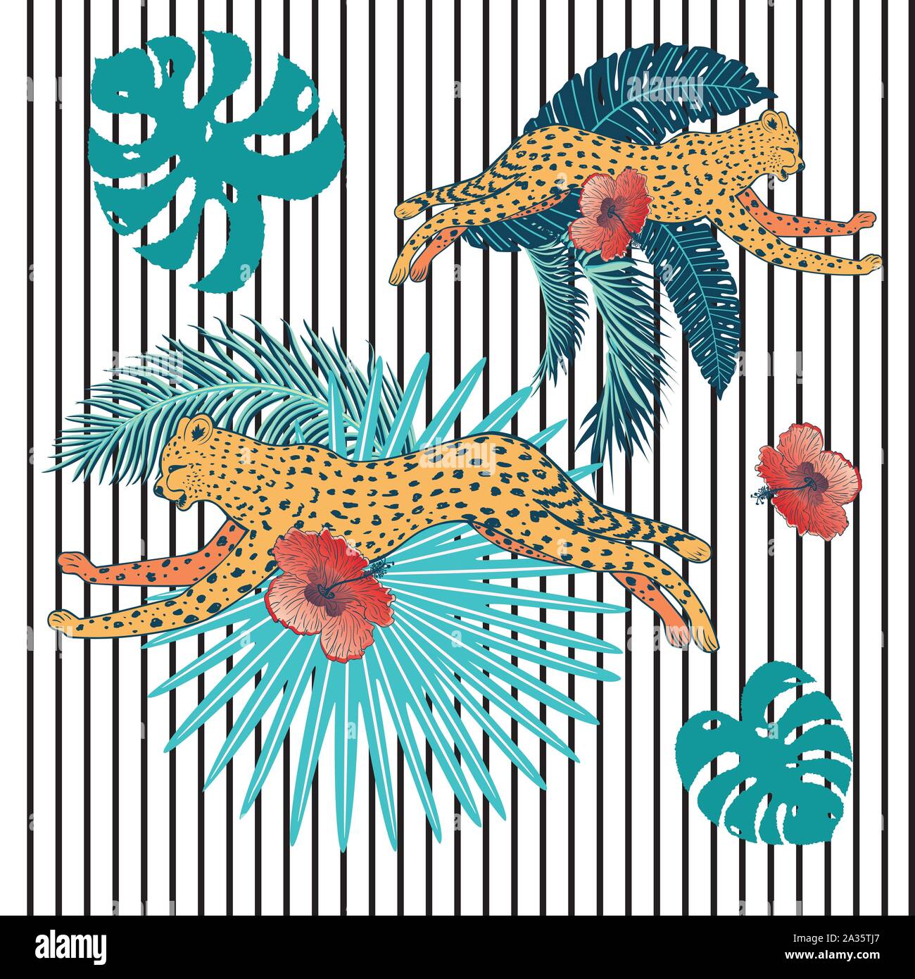 Vintage style animalistic design with running cheetah over striped ...