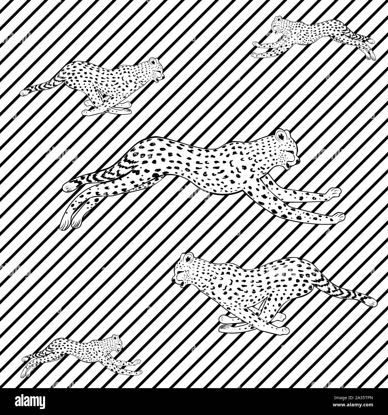 Vintage style animalistic design with running cheetah over striped ...