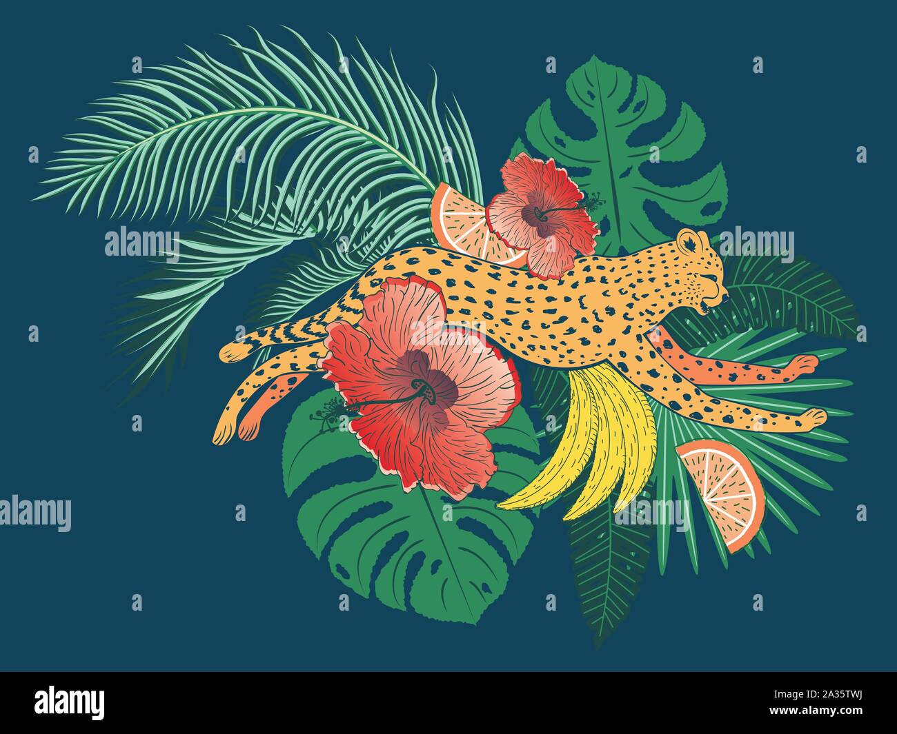 Running cheetah with tropical fruits and leaves design Stock Vector ...