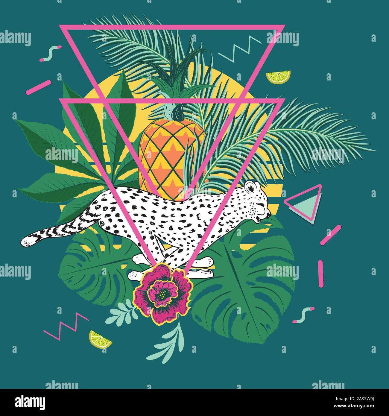 Running cheetah with tropical fruits and leaves design Stock Vector ...
