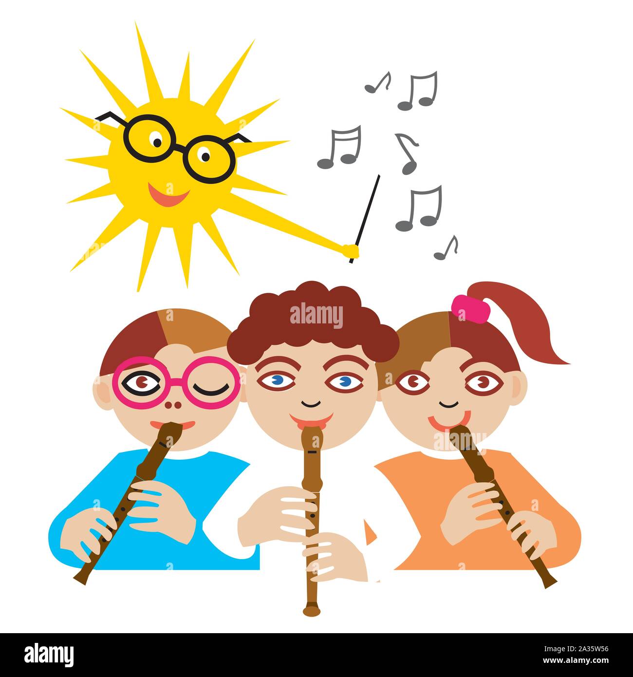 Children playing on the flute Three children playing on the flute and ...