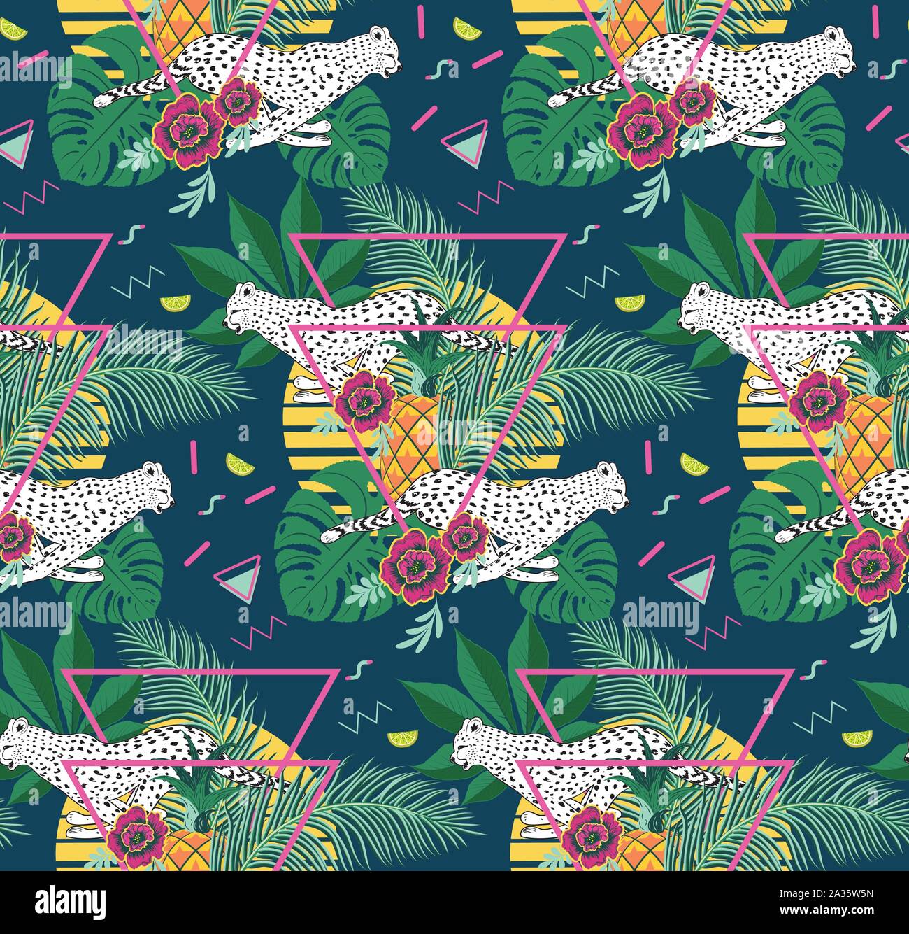 Running cheetah with tropical fruits and leaves design Stock Vector ...