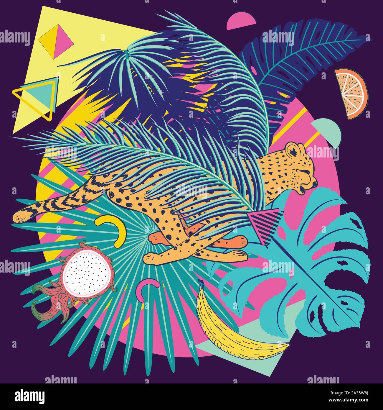 Running cheetah with tropical fruits and leaves design Stock Vector ...