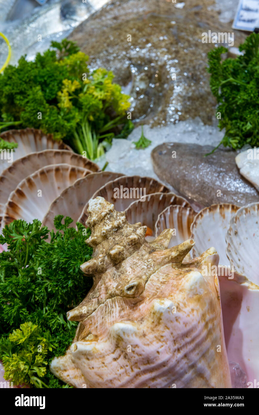 Fresh seafood and shellfish on sale at a market traders stall at ...
