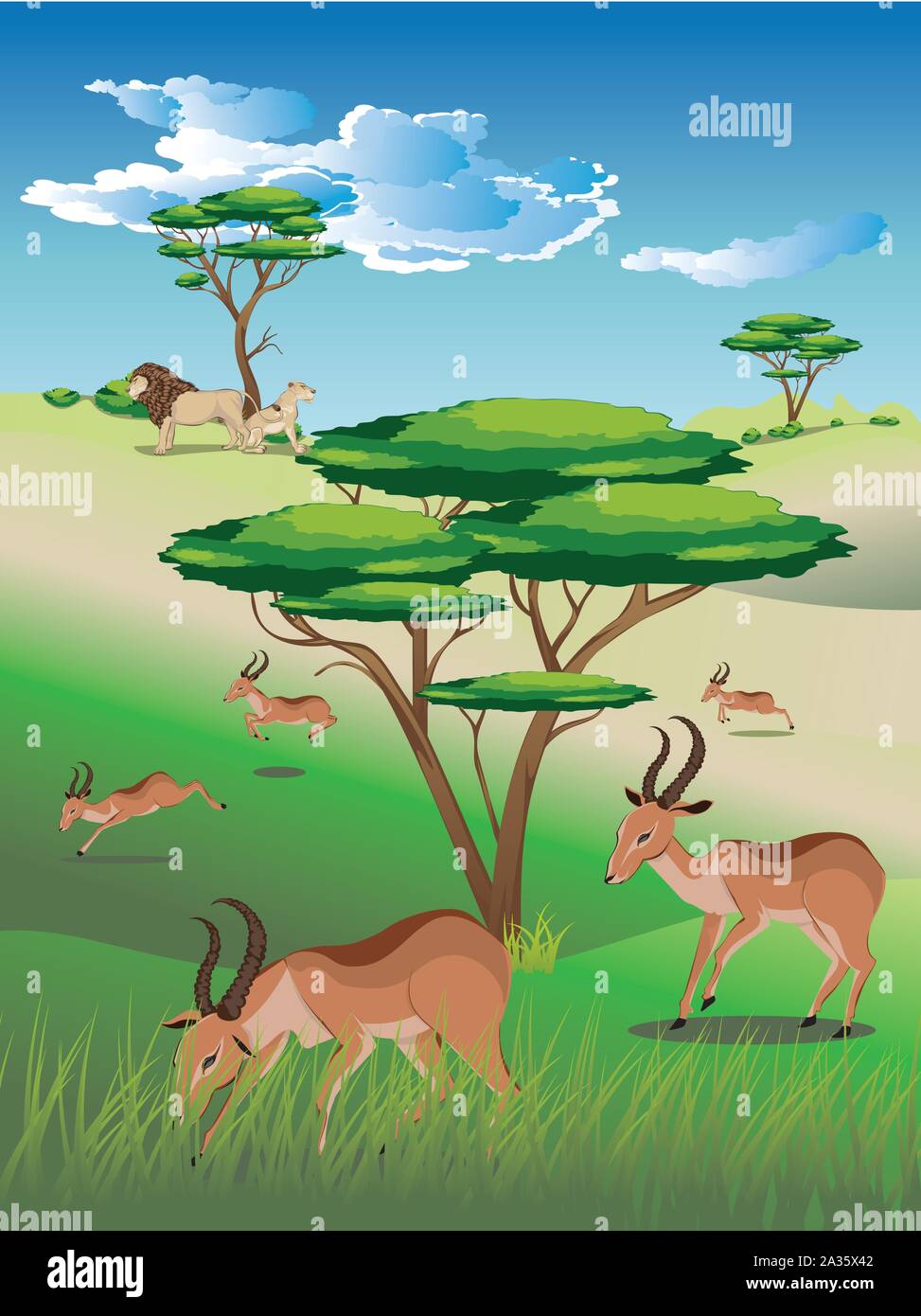 Cartoon sunny landscape with herd of antelopes Stock Vector Image & Art ...
