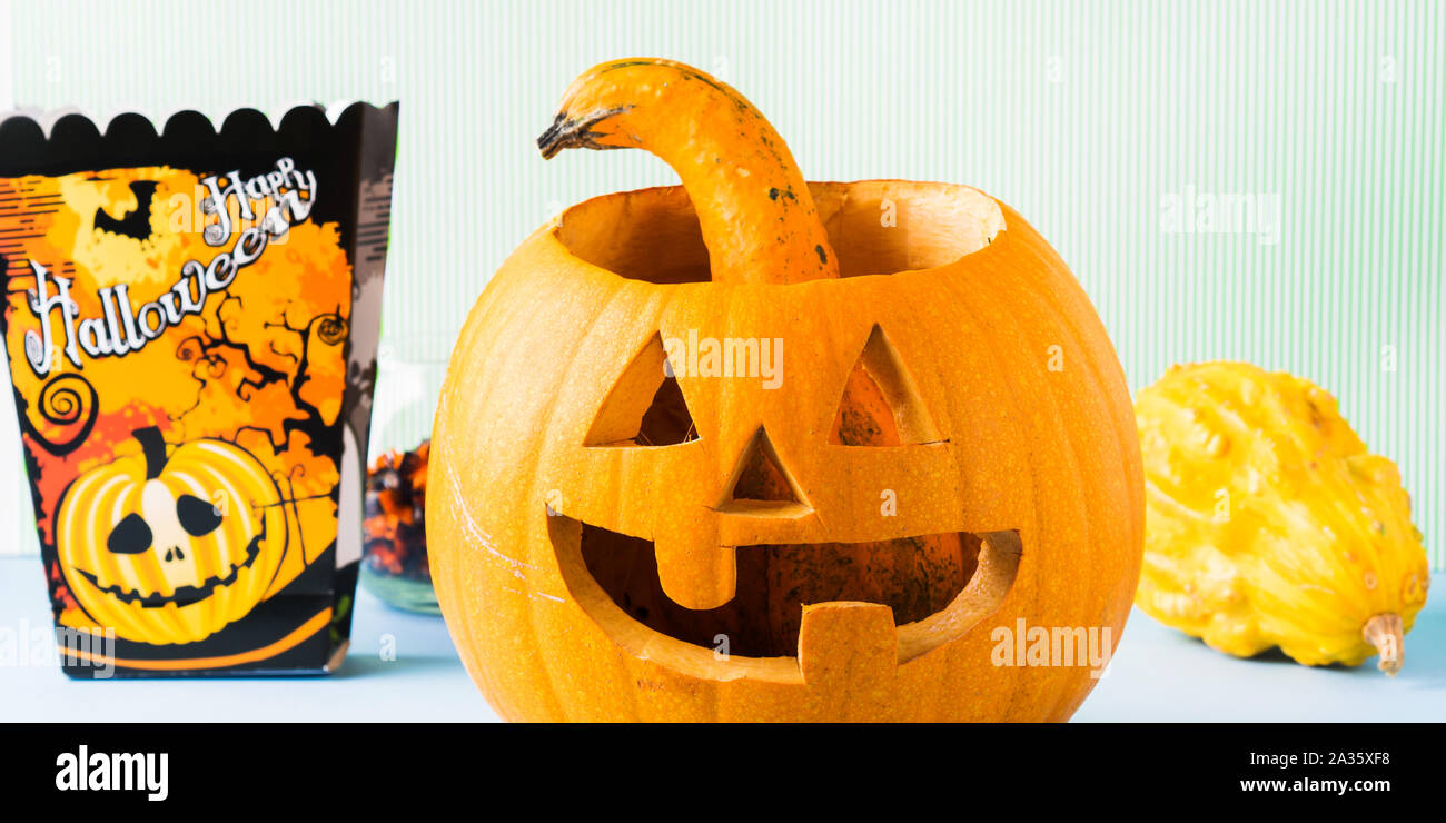 Halloween carved squash bright still life background. Holiday party ...