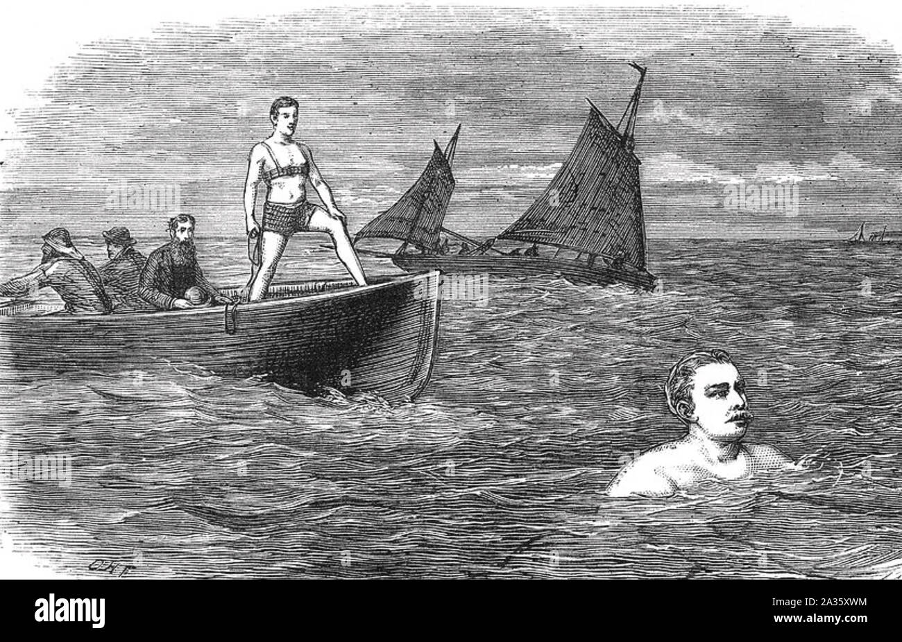MATTHEW WEBB (1848-1883) English sailor swimming the English Channel 12 ...