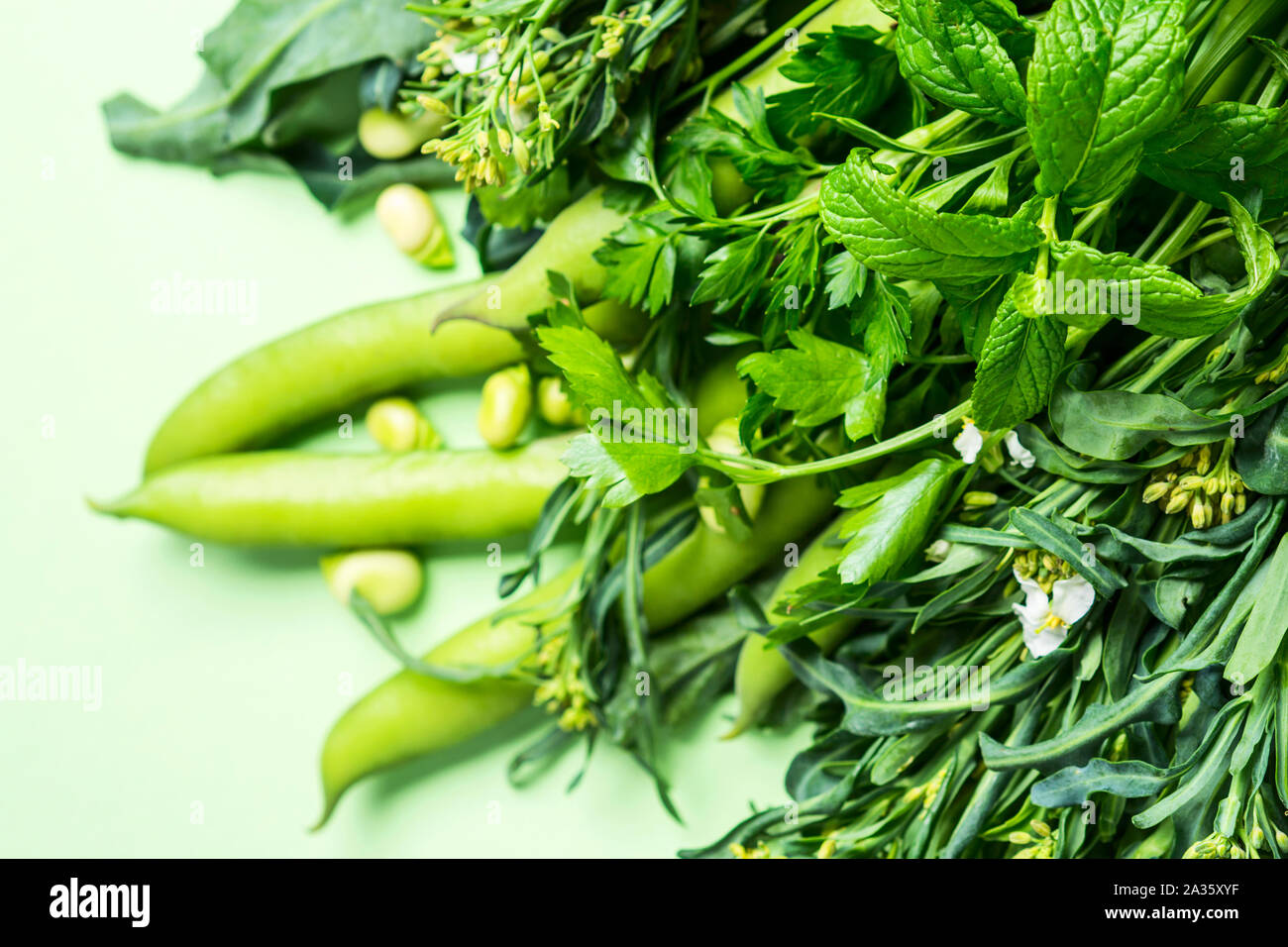 Green vegetables and herbs on pastel background. Monochrome. Healthy ...