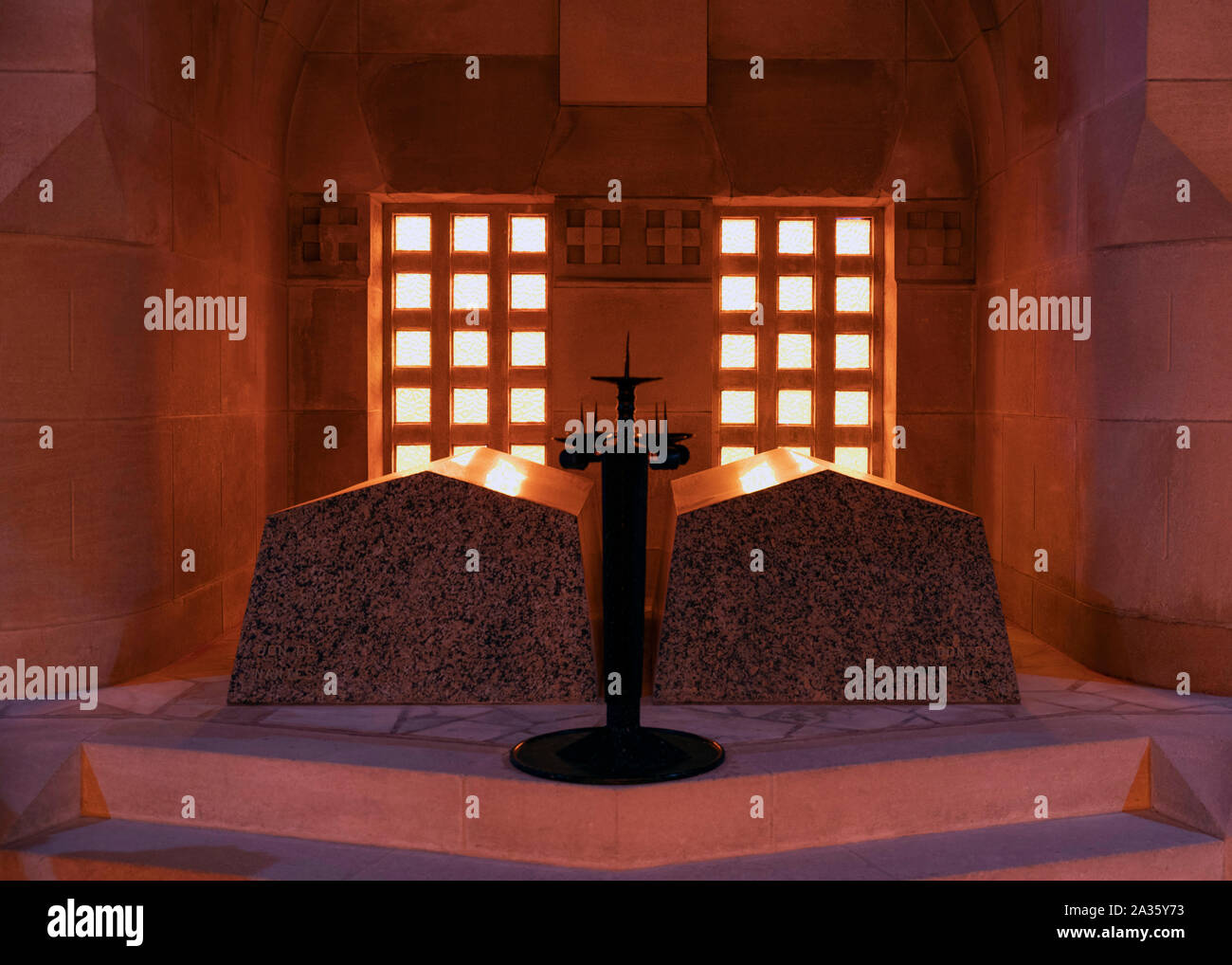 Casket in a memorial or church with candles Stock Photo - Alamy