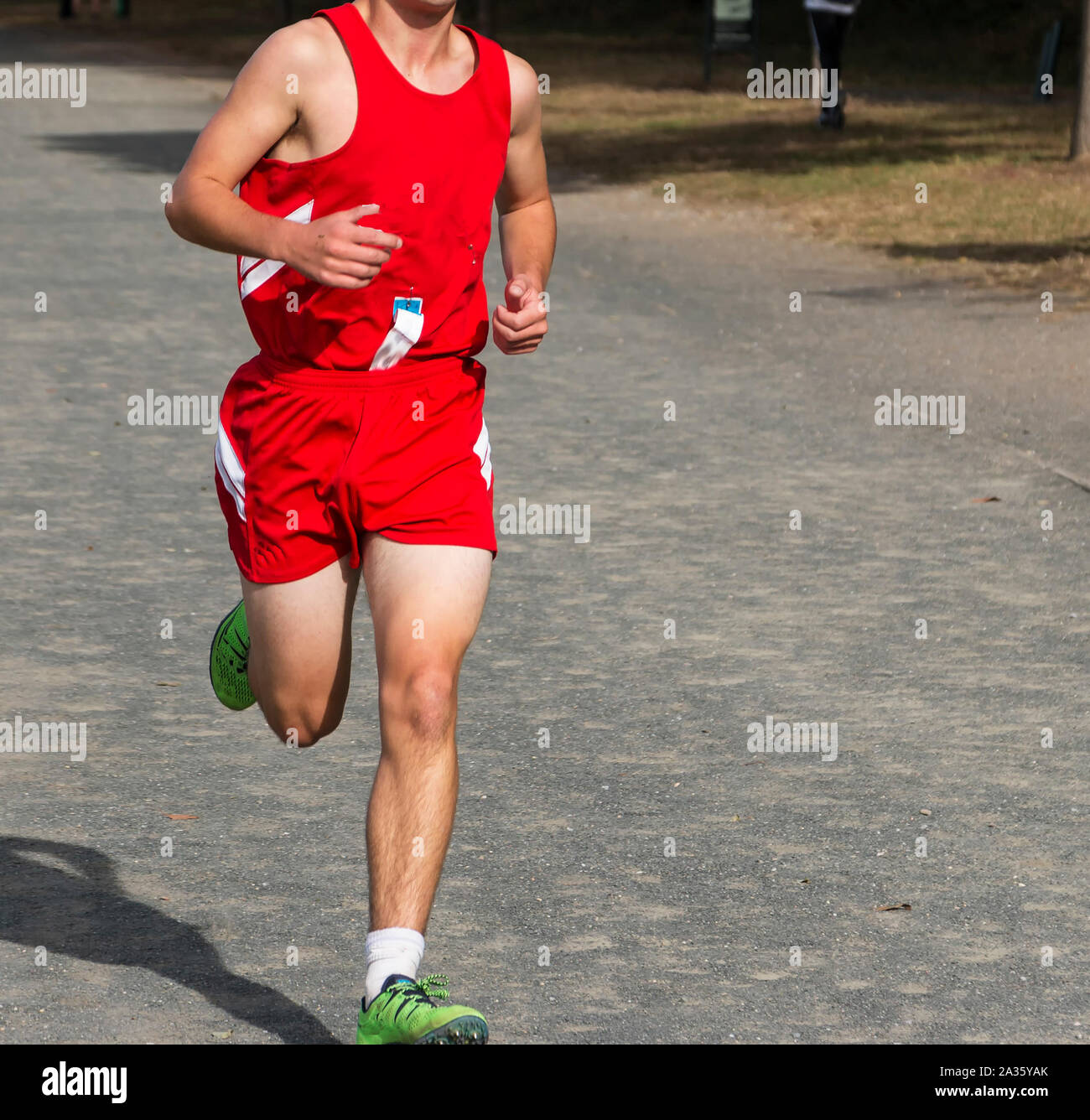 A cross country runner racing a 5K in a red and white uniform outdoors ...
