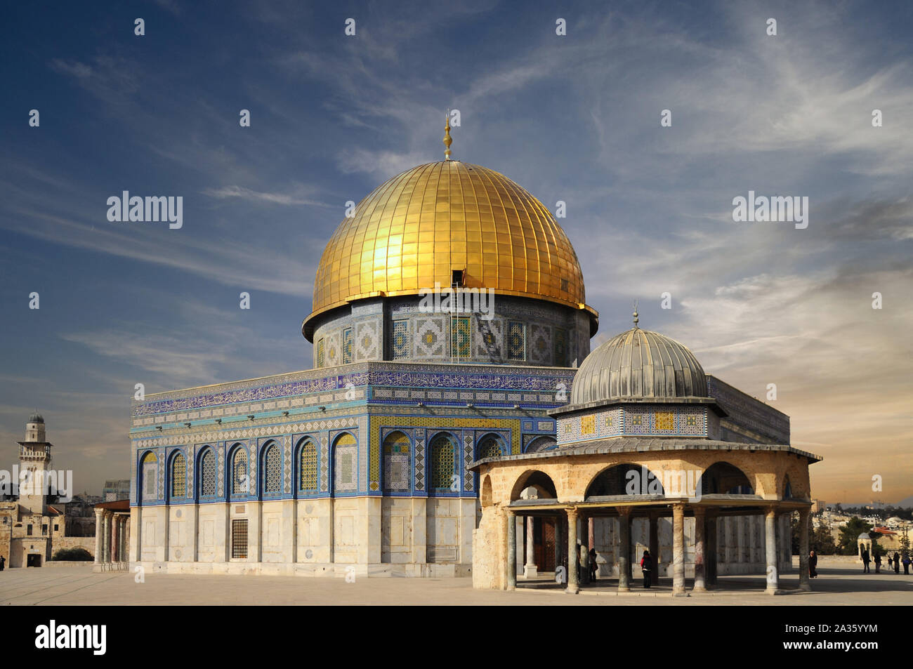 Jerusalem old town skyline with the dome of the rock in the center ...