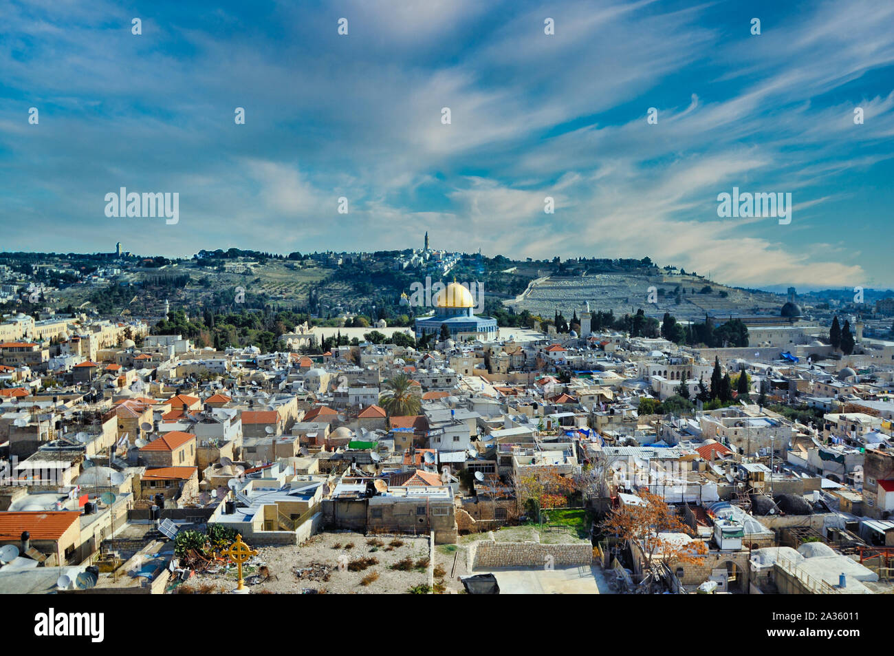 Jerusalem old town skyline with the dome of the rock in the center ...