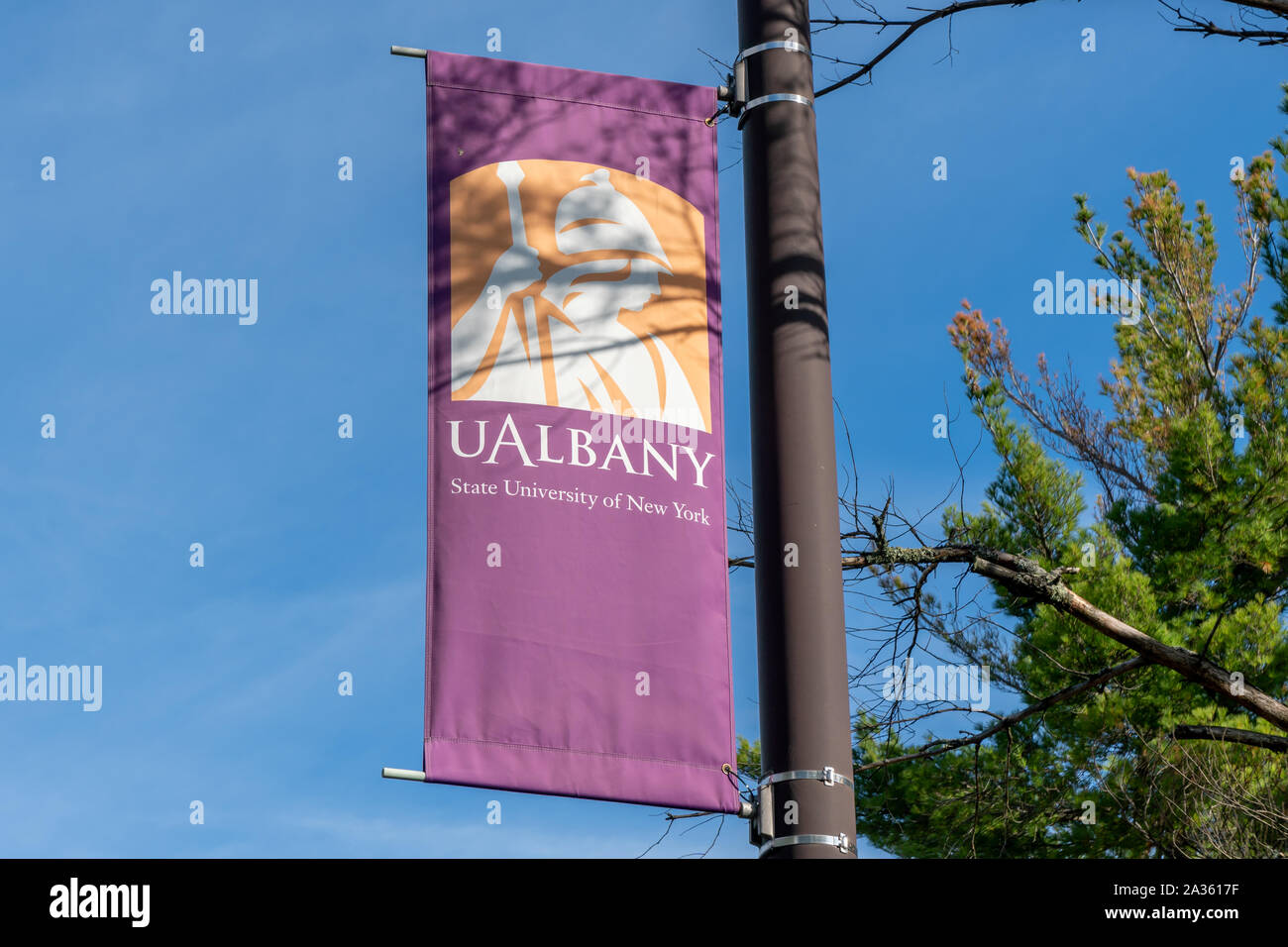 ALBANY,NY/USA - SEPTEMBER 29, 2019: Banner and logo on the campus of ...