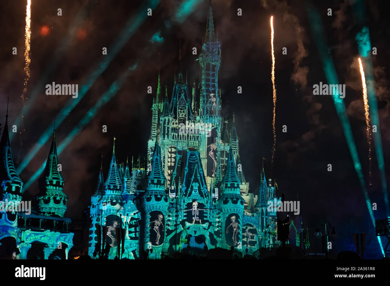 Night colour projections on Cinderella Castle from the Halloween party ...