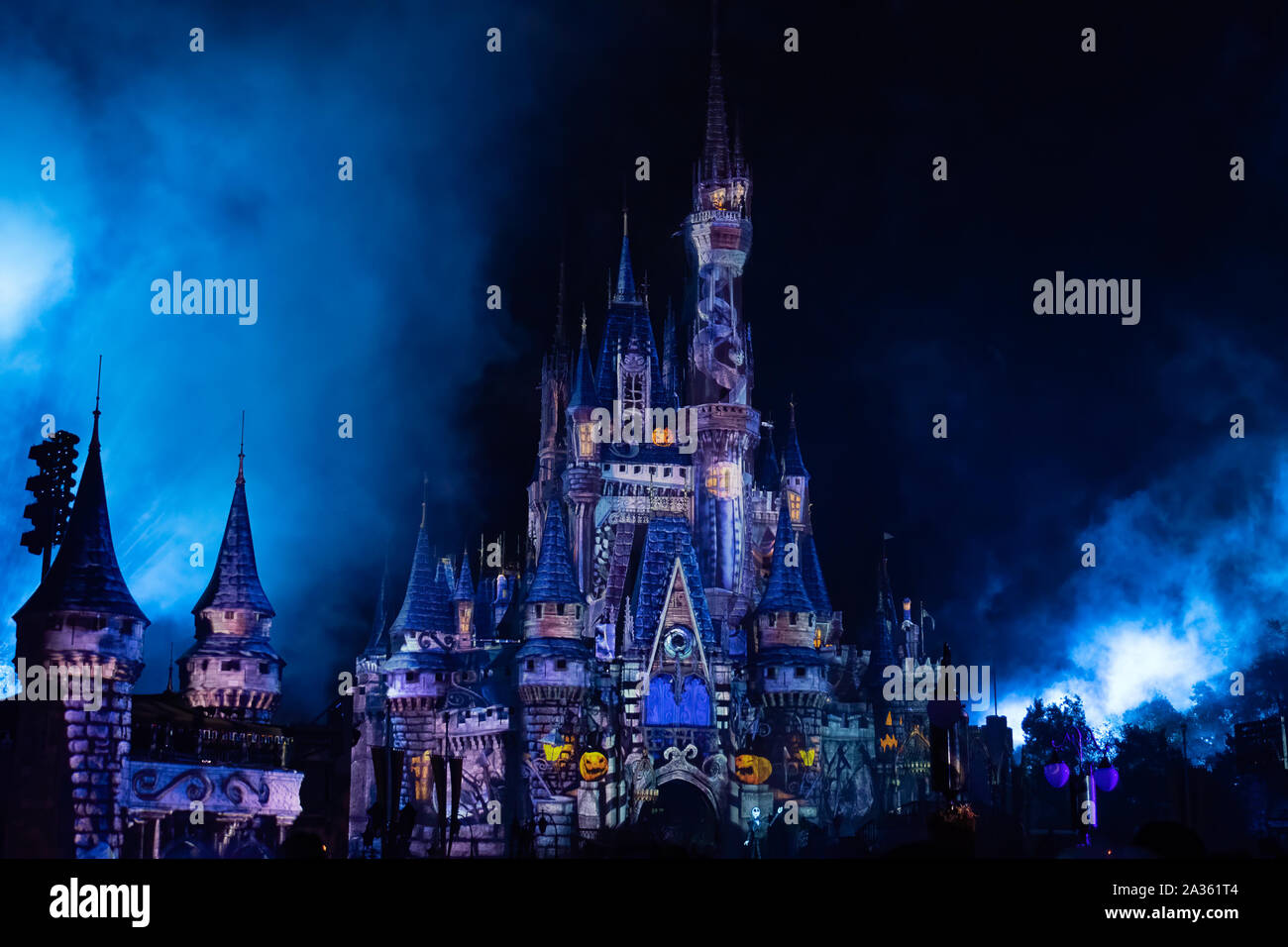 Night colour projections on Cinderella Castle from the Halloween party ...