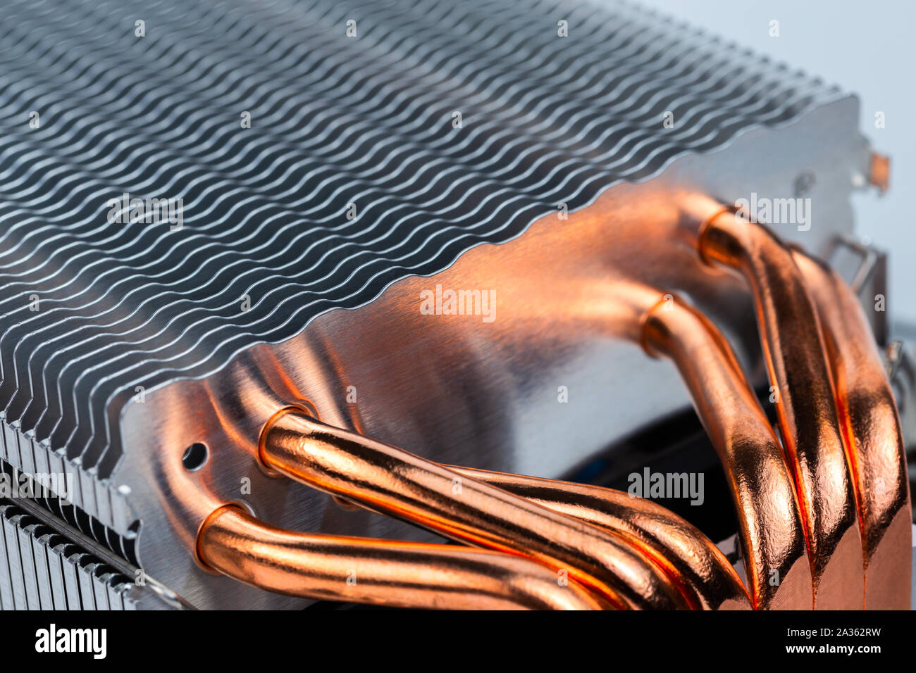 modern tower heat radiator with six copper heatpipes closeup macro ...