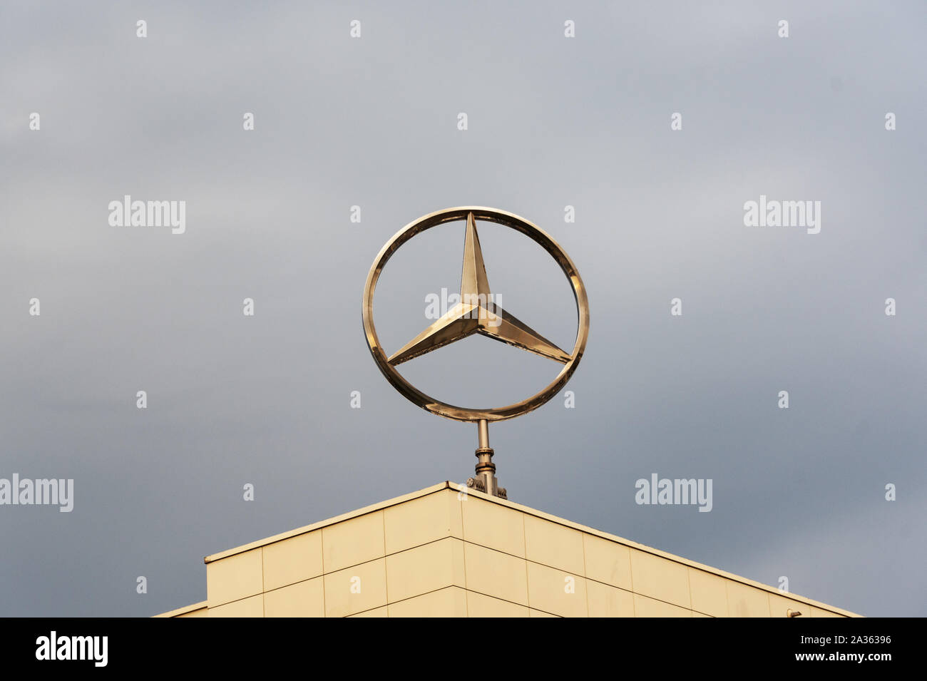 MOSCOW, RUSSIA OCTOBER 4, 2019: Rotating Mercedes Benz logo on a ...