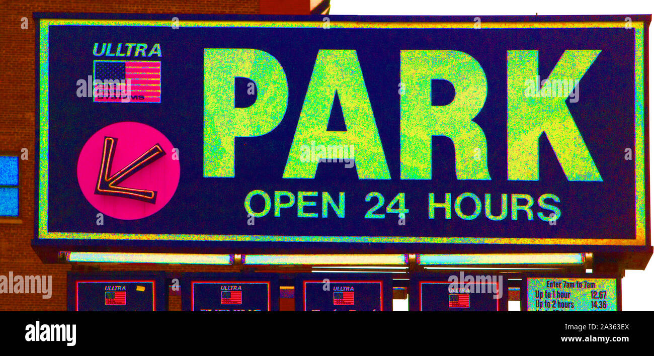 Parking garage, lot. open 24 hours sign Stock Photo - Alamy