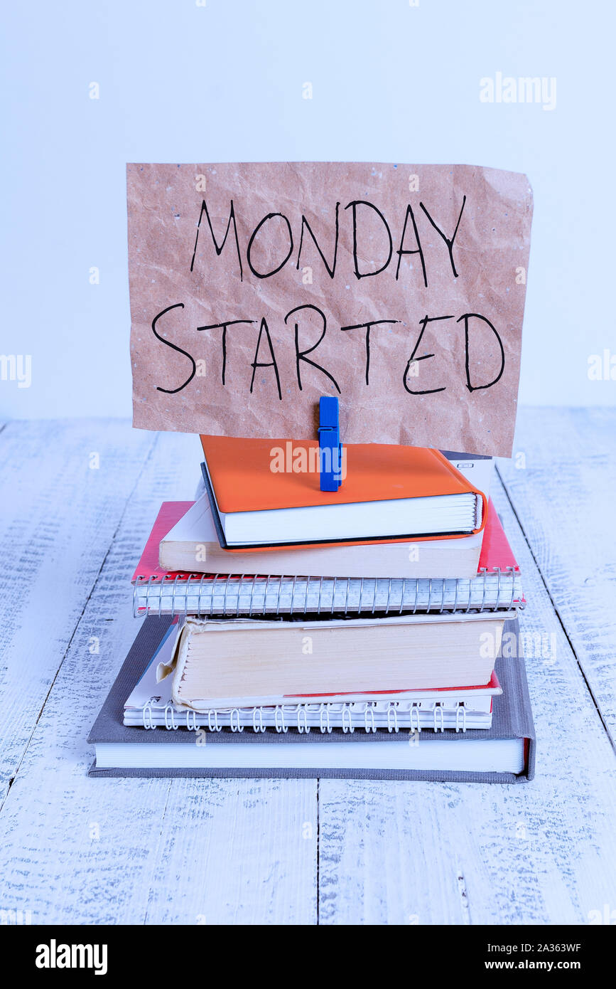 Writing note showing Monday Started. Business concept for getting ready ...