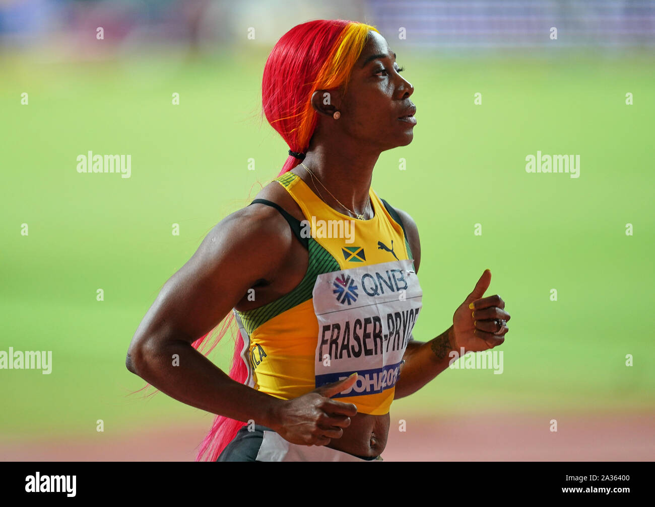 Doha, Qatar. 5th Oct, 2019. Shelly-Ann Fraser-Pryce of Jamaica competing in 4 times 100 meter ...
