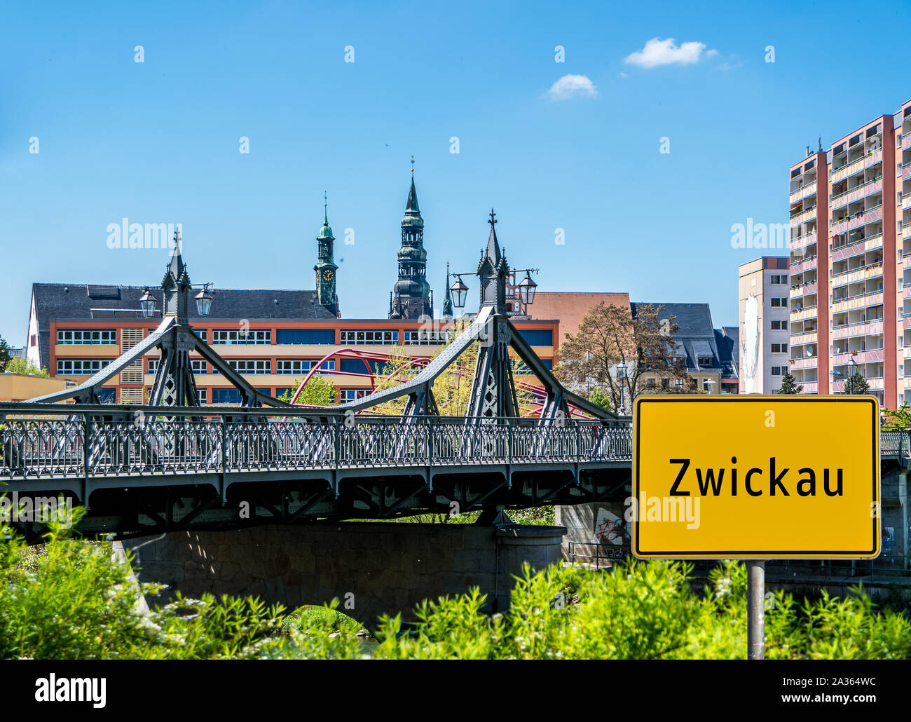 Place-name sign Zwickau with skyline Stock Photo - Alamy