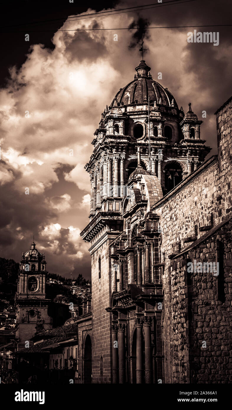 Spanish Colonial La Cathedral bell tower in the Plaza De Armas in Cusco ...