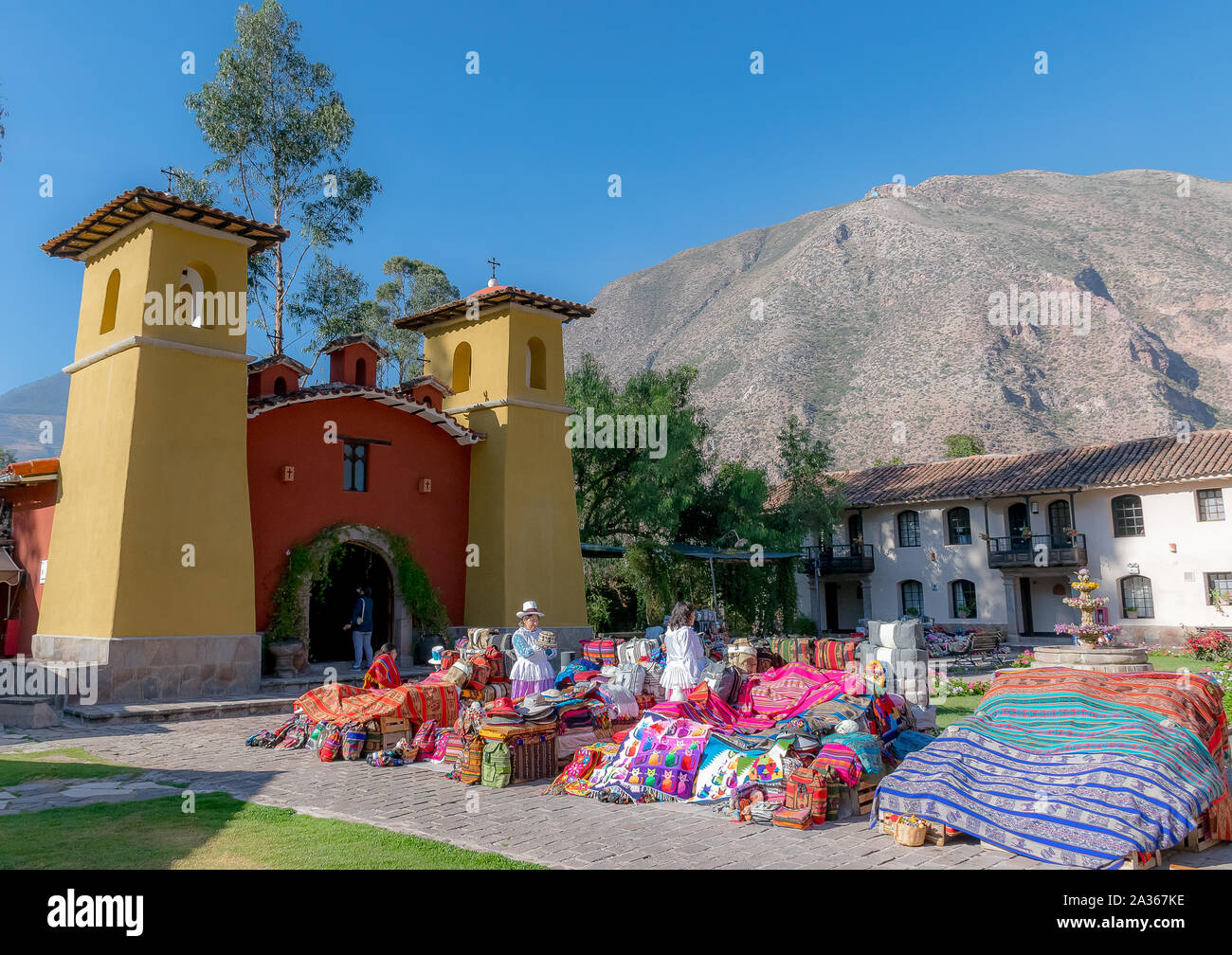 Sacred Valley, Peru - 05/21/2019: Colorful Spanish church and market ...
